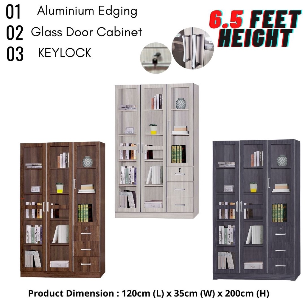 DFP Perabot Rak Buku Display Cabinet Glass Door 3 Door 3 Drawer Keylock ...