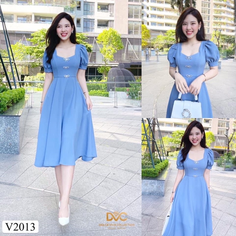Blue heart-shaped square neck flared dress, stone bow, long dress ...