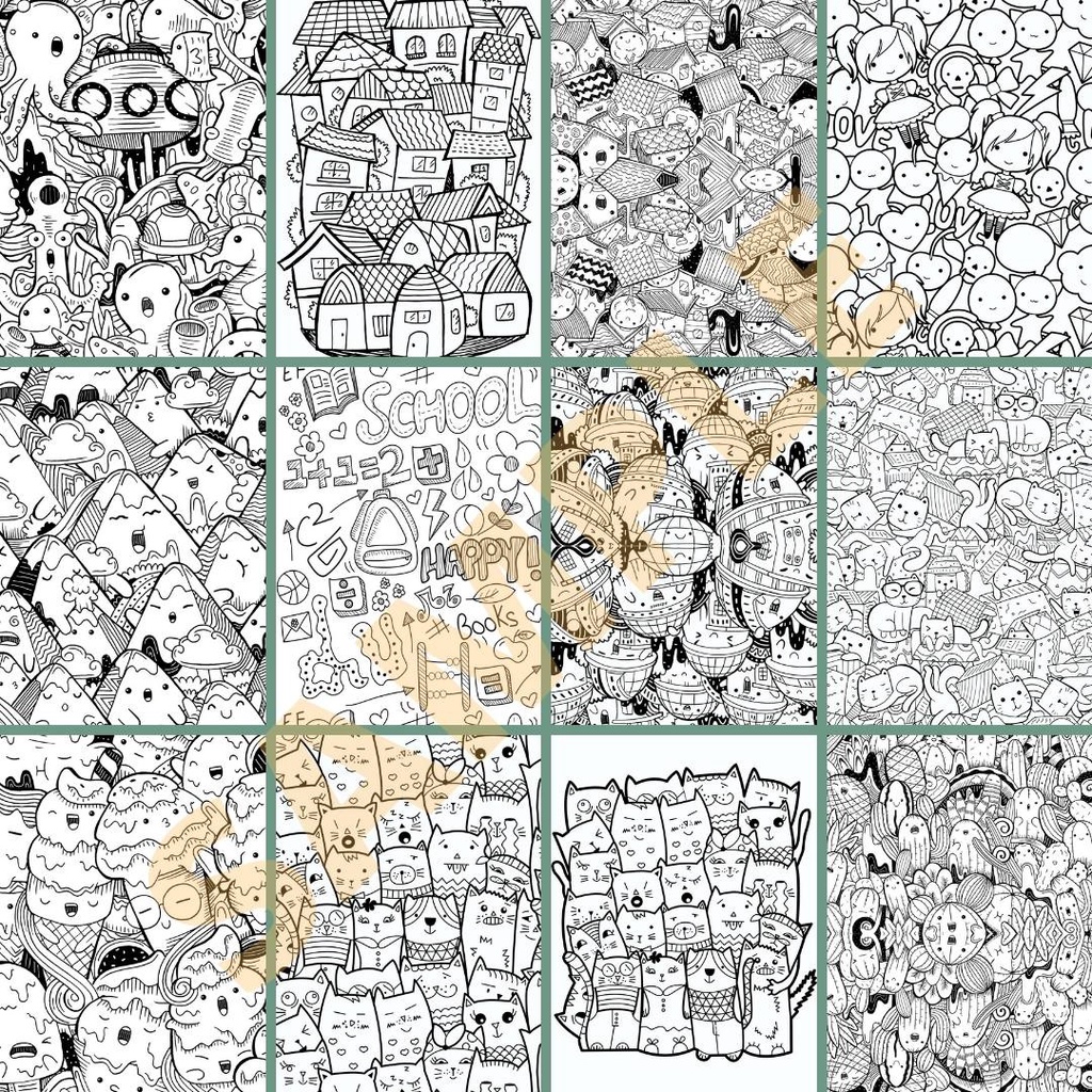 Doodle Digital Coloring Book Cute Doodle mix images with different ...