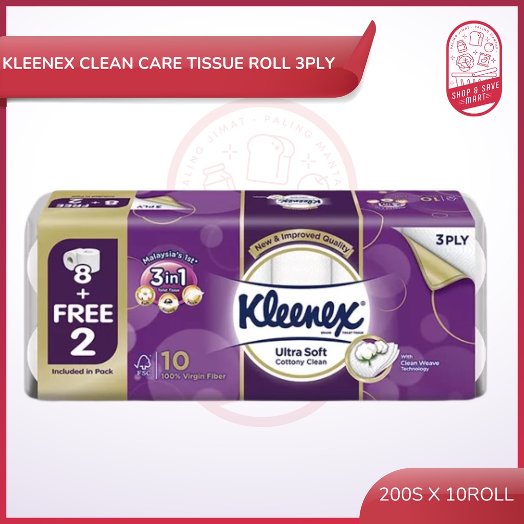 Kleenex Clean Care Ultra Soft Regular Toilet Roll Tissue 3 ply - 8+2 rolls | Toilet Paper ...