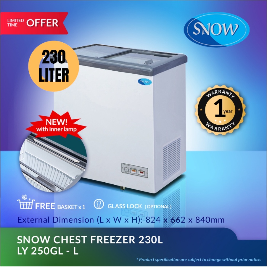 SNOW 230L GLASS LID CHEST FREEZER (1 year Warranty) / LY250GL-L / WITH ...