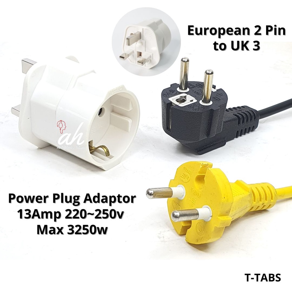Power Plug Adaptor 13A European 2 Pin to UK 3 Pin Tough Built Auto Shut ...