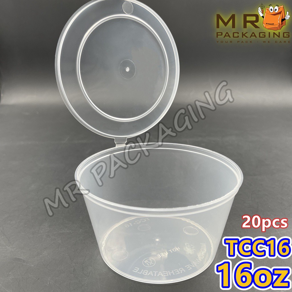TCC16 16oz Round Container Hinged Lid ( 20pcs± ) 440 ml - Disposable Plastic Food Deli Sauce ...