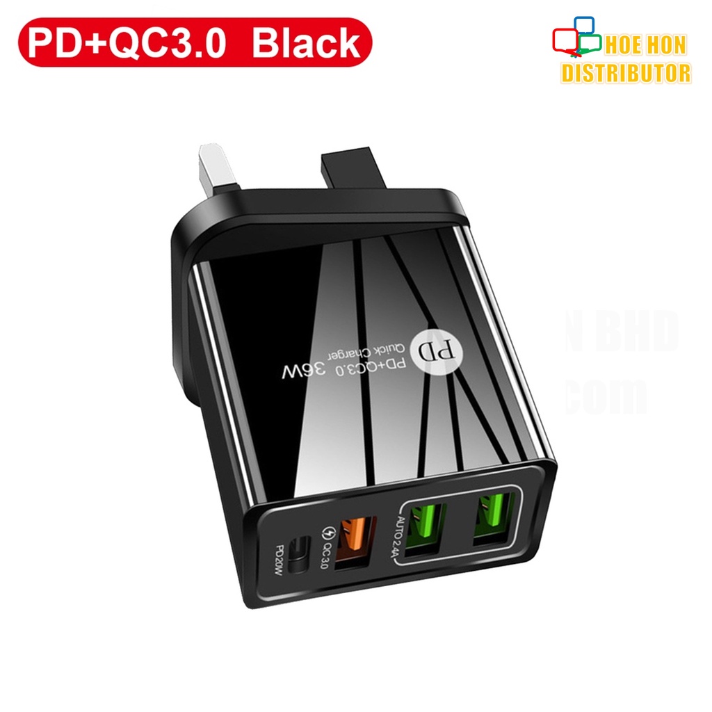 [36W] Four Way USB + PD Type C Charger QC 3.0 Quick Charge / Super Fast ...
