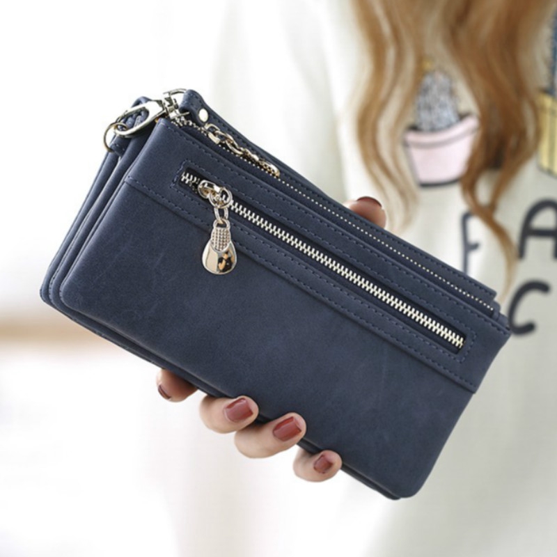 Women S Long Dull Polish Pu Leather Double Zipper Clutch Coin Purse ...