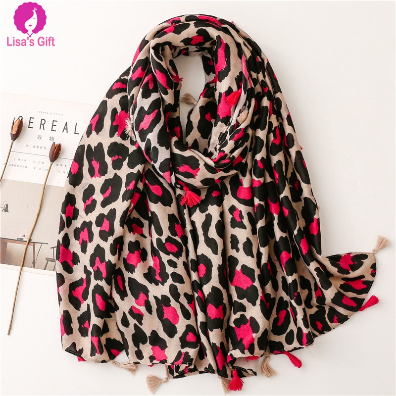 Muslim fashion flowy cotton shawl chic pink leopard printed wide shawl ...