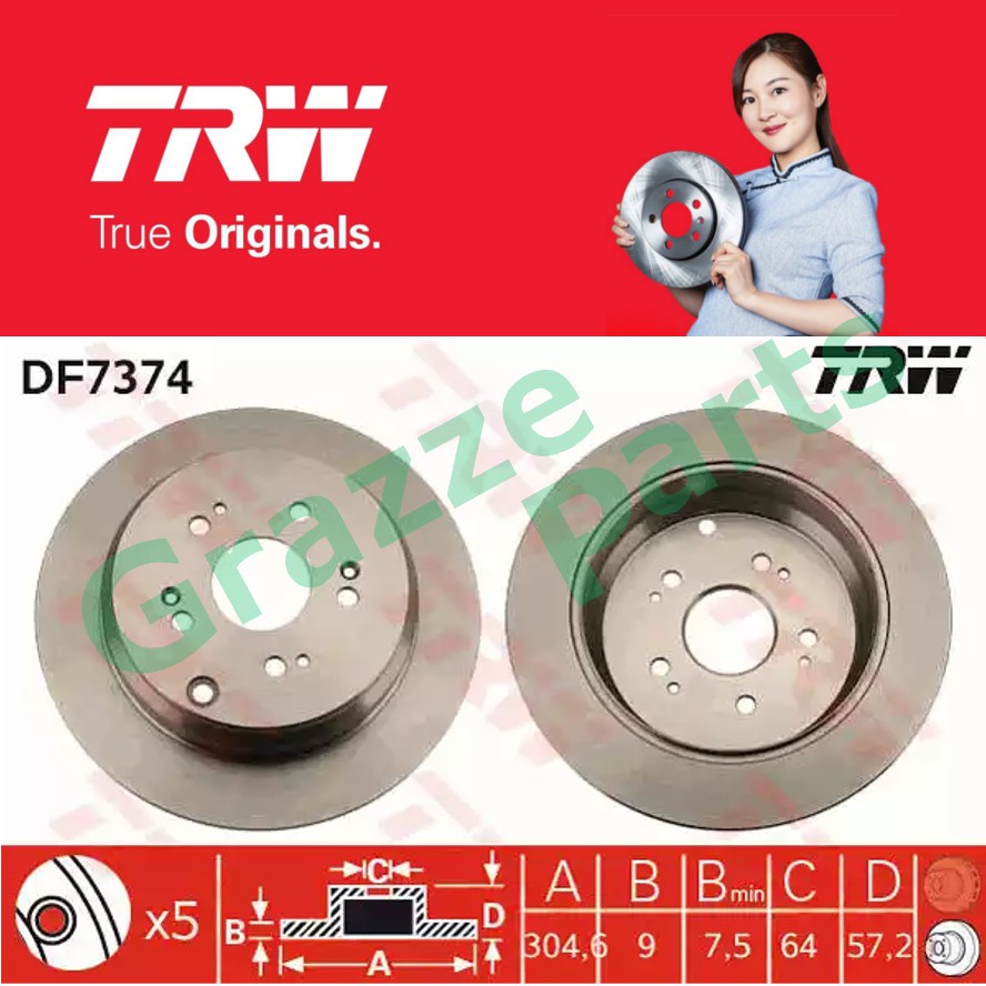 (2 pcs) TRW Disc Brake Rotor Rear for DF7374 Honda CRV CR-V SWA S9A TOA ...