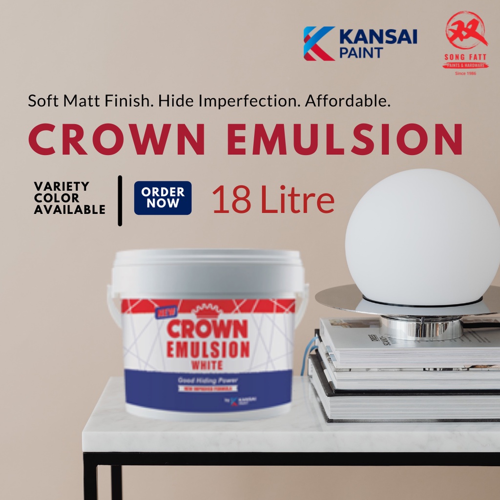 Kansai CROWN Emulsion (WHITE/Colour Mix) 18L Interior/PAR/Maxilite/Matex/Goody/Cat Dalam/Cat ...