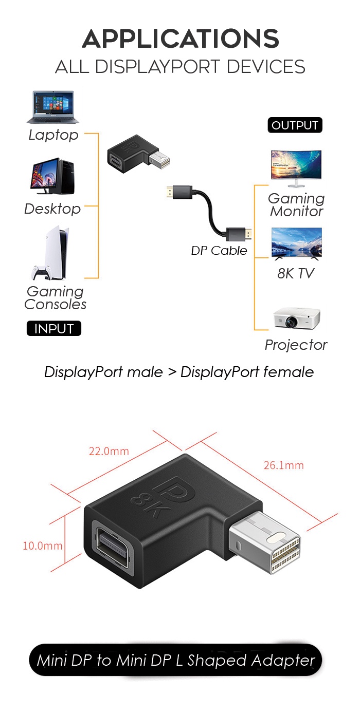 Mini Display port 90 Degree 8K DP 1.4 Adapter L Shaped Angle Male to ...