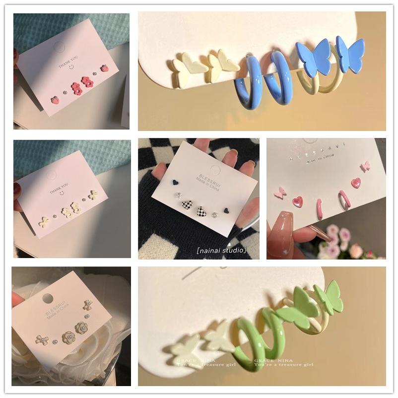 6pcs/set Fashion Women Jewelry Alloy Rhinestone Artificial Pearl Butterfly Flower Heart Stud ...