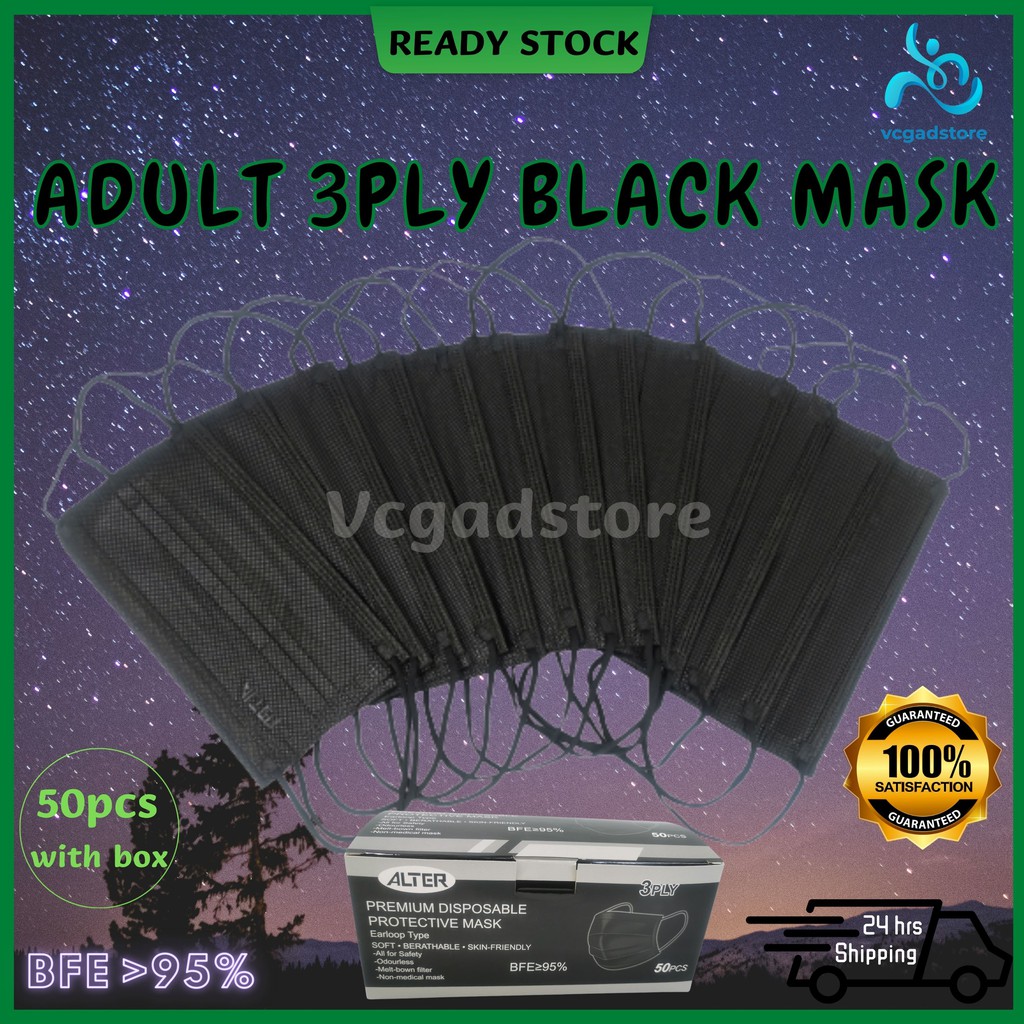 Msia Ready Stock Full Black Mask 1box 3ply 50pcs Disposable Adult Face ...