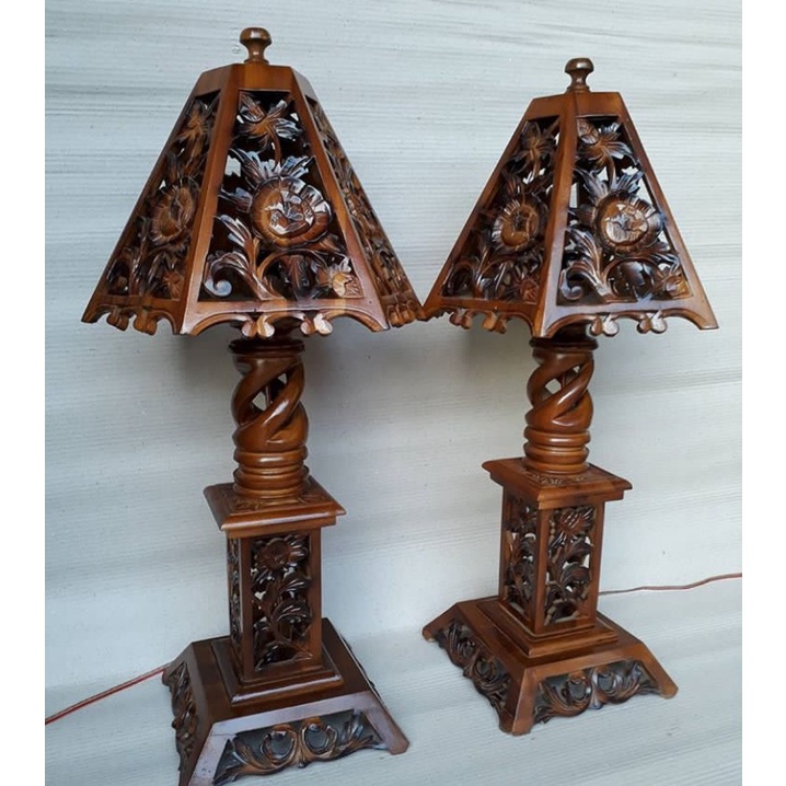 MAWAR KAYU Rose Motive Table Lamp (Height 50 cm) Teak Wood Material ...