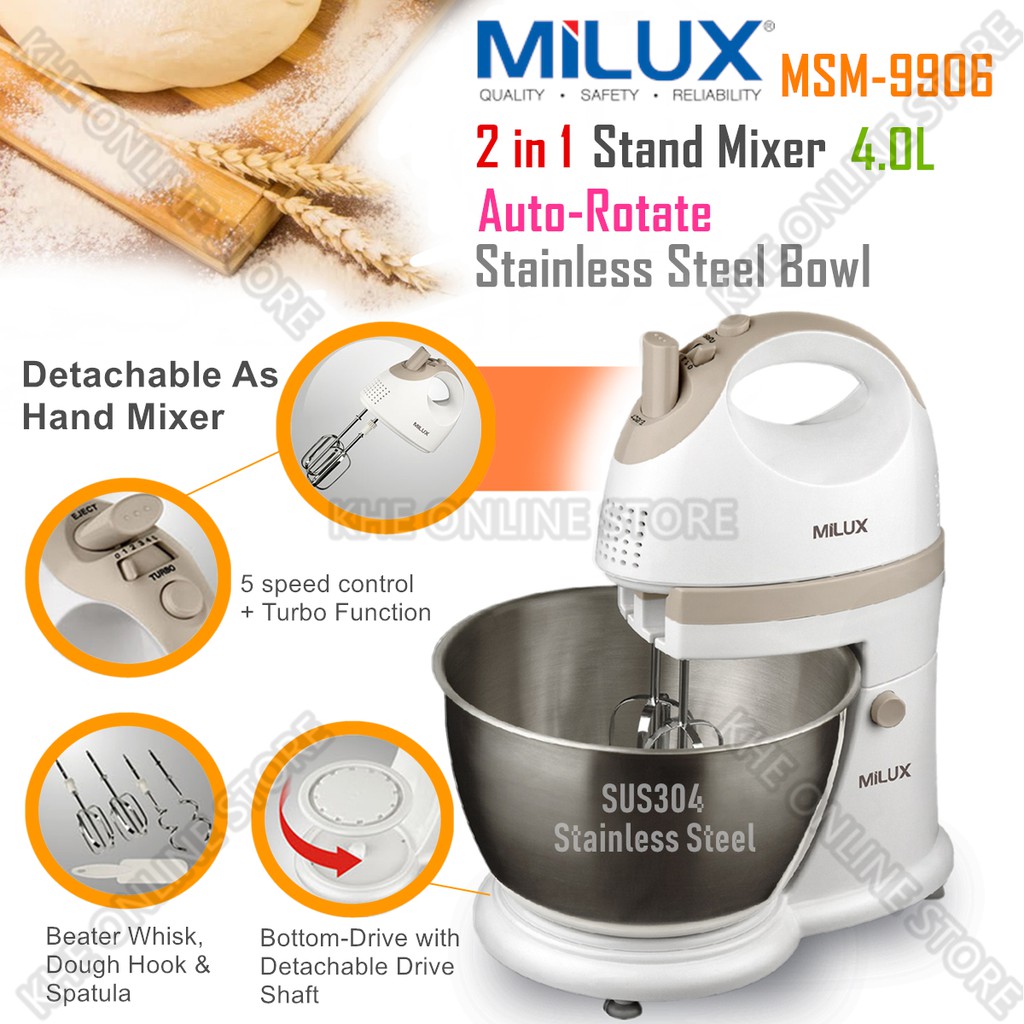 Milux Stainless Steel Rotating Bowl 4L 2-in-1 Stand Mixer 300W MSM-9906 ...