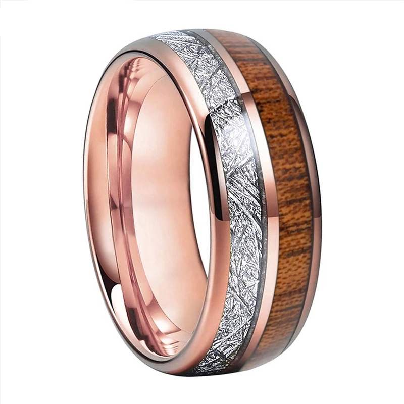 8mm Rose Gold Tungsten Carbide Engagement Ring White Meteorite/Koa Wood Inlay Men Women Gift ...