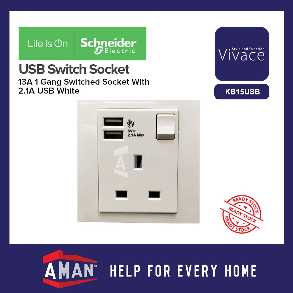 Schneider Vivace Switch Socket 3 Pin 13A 1 Gang 2 Gang 2.1A USB Charger ...