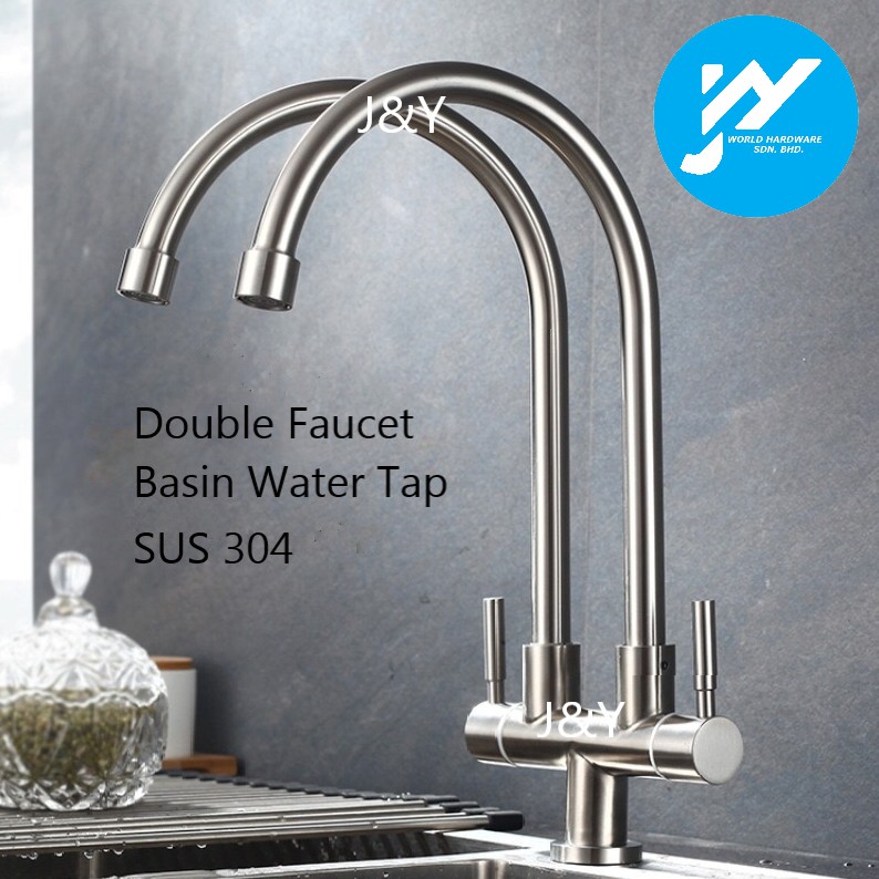 Kitchen Double Faucet Basin Water Tap SUS 304 Stainless Steel Premium ...