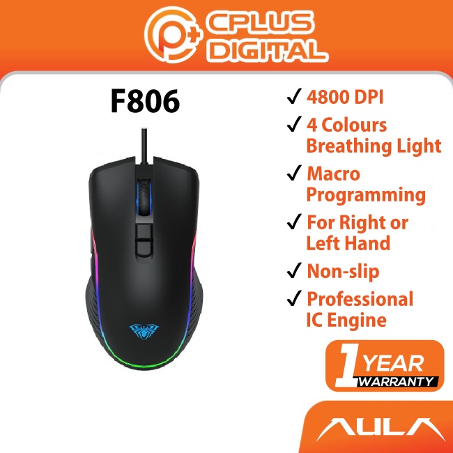 AULA F806 Wired Gaming Mouse Marco Programmable RGB Colorful Lightning 4 Gear DPI 7 buttons for ...