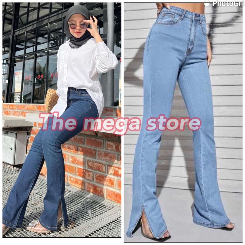 🇲🇾[SIDE POTONG]{)BOOTCUT JEANS FOR LADIES KAIN DENIM BERGETAH READY ...