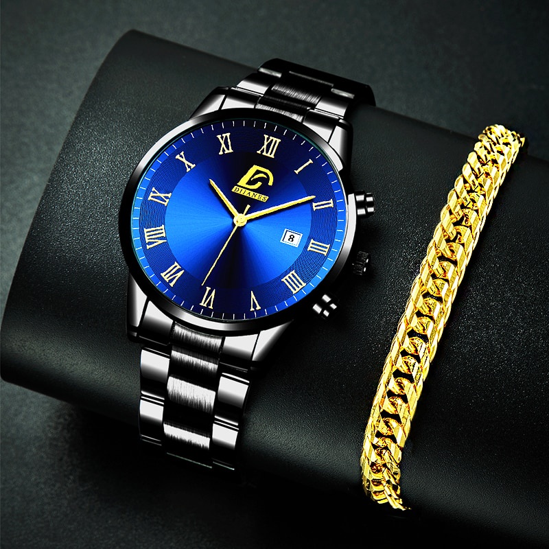 [🔥Original Brand🔥] Fashion Mens Gold Bracelet Blue Dial Watches Set ...