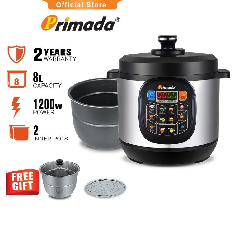 0Primada 8 Liter Jumbo Pressure Cooker PC8030(1 NON STICK POT + FREE 1 ...