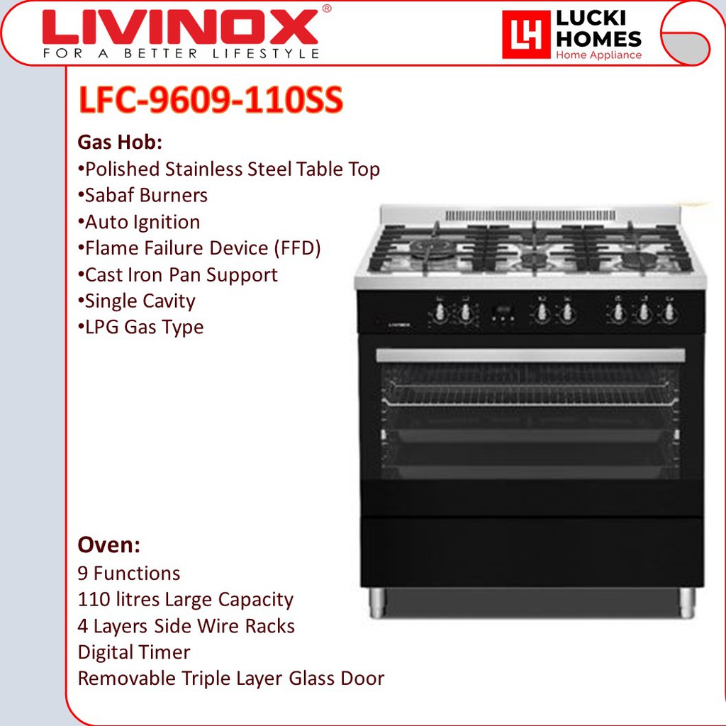 Livinox Free Standing Cooker LFC-9609-110SS Auto Ignition with 9 ...