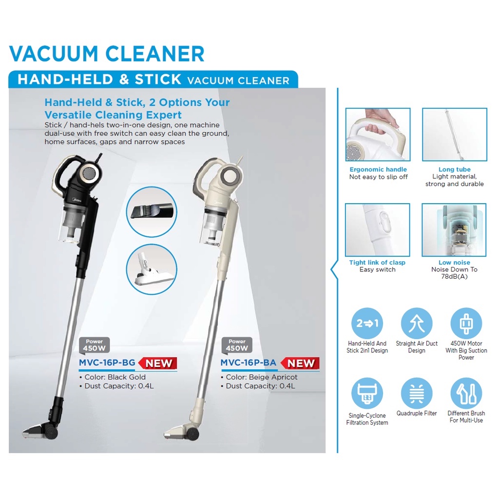 Midea Vacuum Cleaner (450W/0.4L) 2-In-1 Handheld Stick Vacuum MVC-16P ...