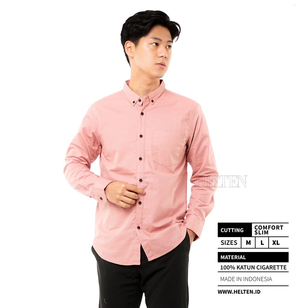 KEMEJA Helten Men's Casual Plain Long Sleeve Shirt Peach Salmon Comfort ...