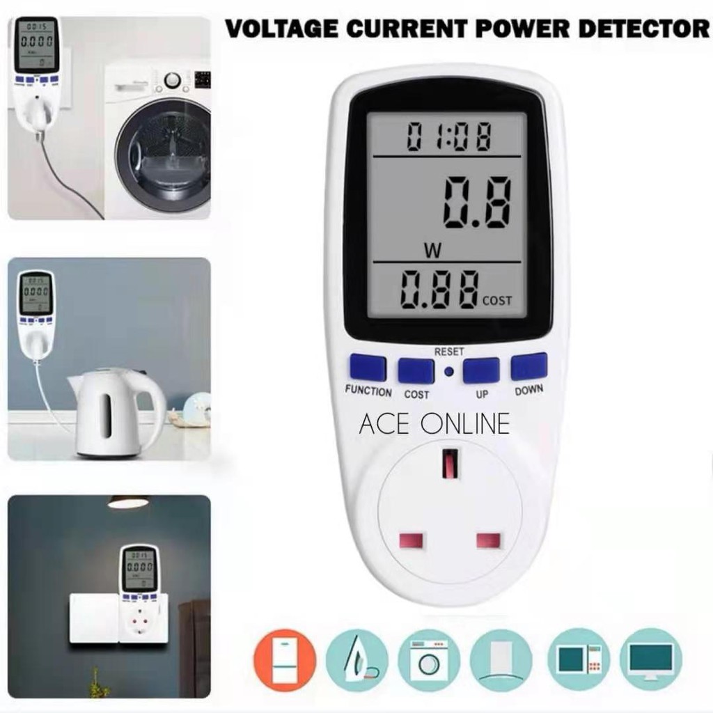 230V UK Plug-in Digital LCD Power Meter Power Display Power Voltage and ...