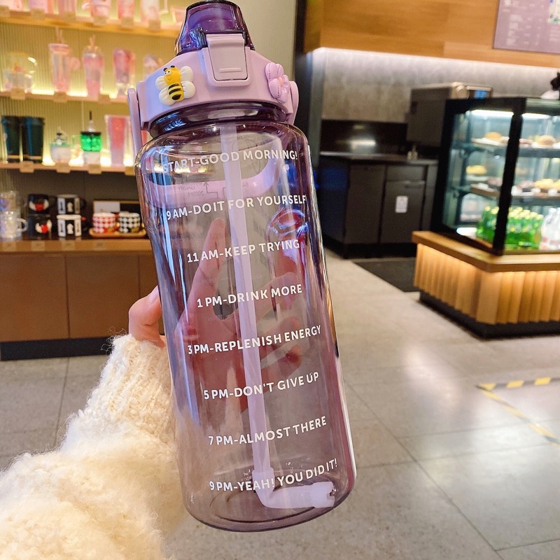 2L Large Capacity Water Bottle With Straw 2000ml Reminder Time Big Bottle Gym Sport BPA Free ...