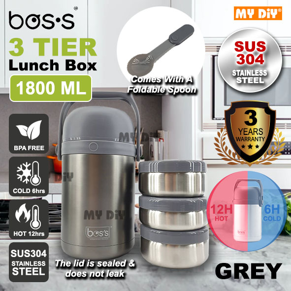 MYDIYHOMEDEPOT - Boss 1800ml 3 Tier Lunch Box Bento 304 Stainless Steel ...