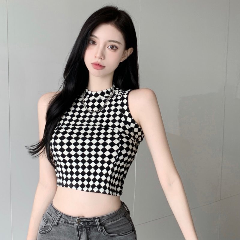SEZO Korean women's clothing Vintage checkerboard tank top | Shopee ...
