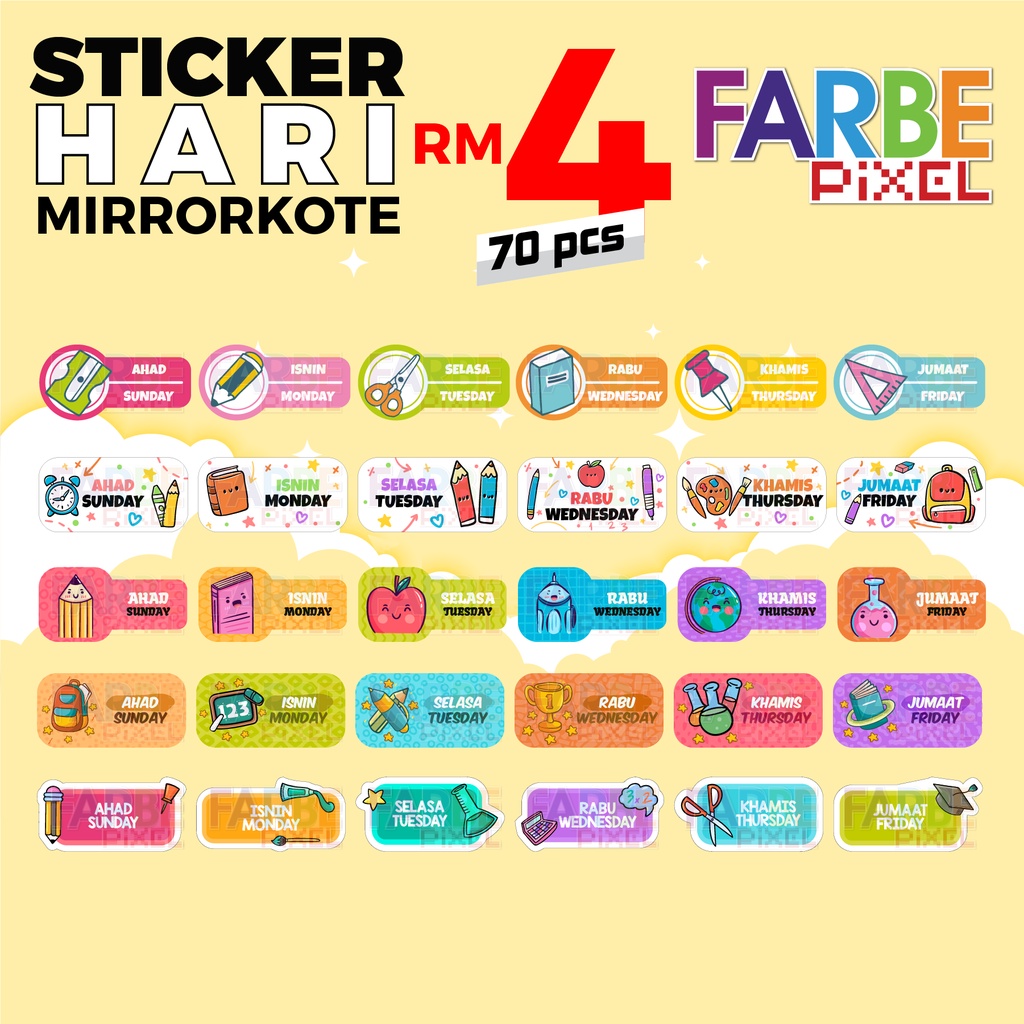 [70pcs] STICKER HARI - Melayu & English cantik, comel dan warna warni ...