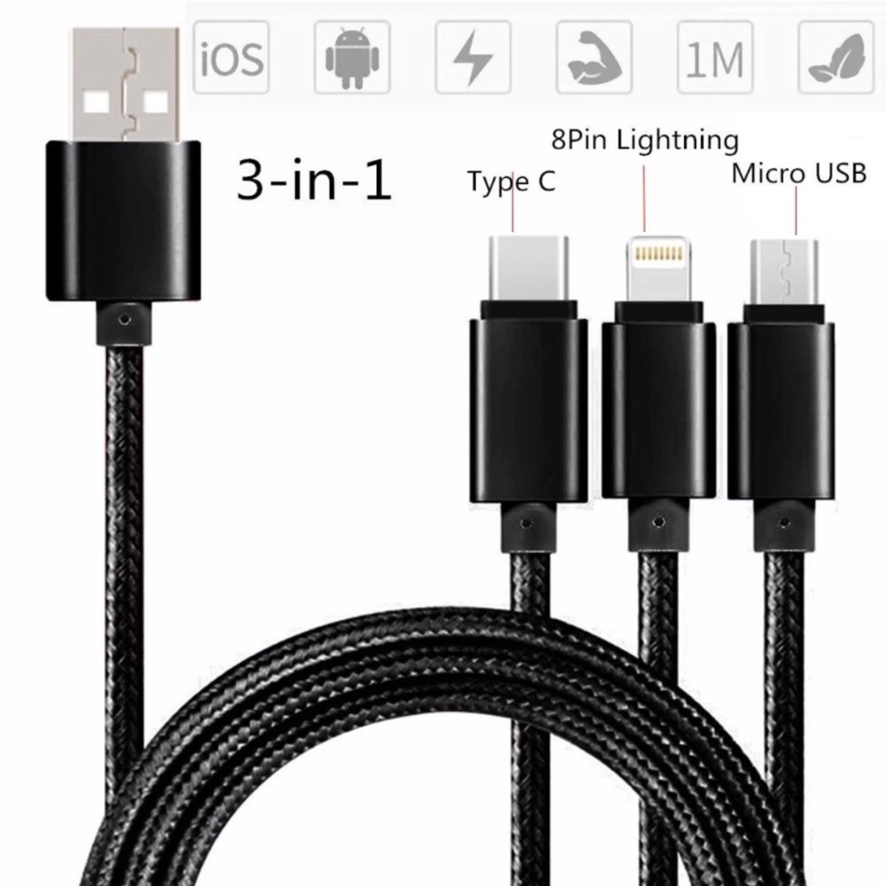 Nylon Braided 3A 1.2M Rapid Charging USB Cable 3-in-1 (Micro USB+Lightning+Type-C) for Android ...
