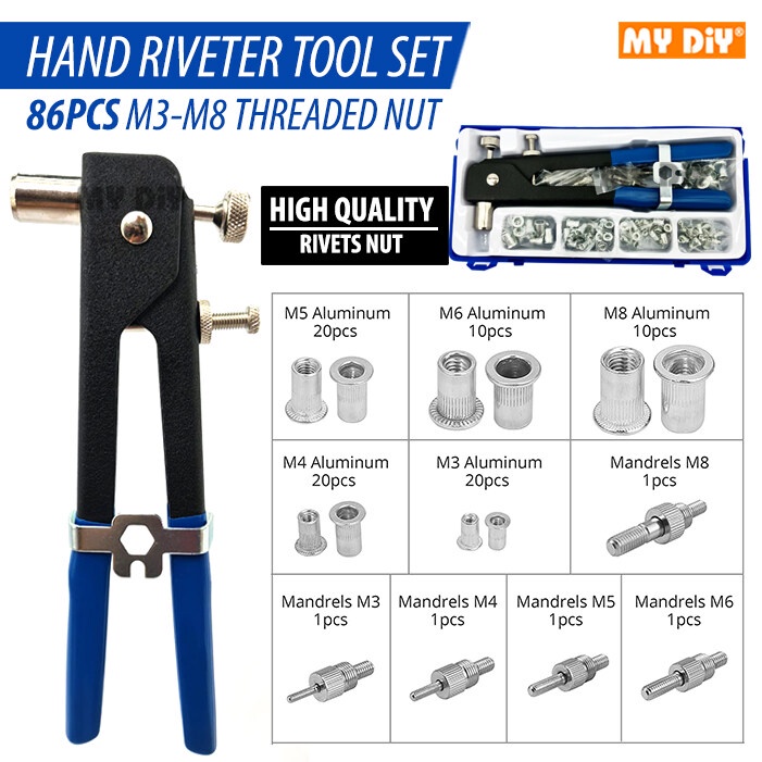 MYDIYHOMEDEPOT - 86PCS M3-M8 Threaded Nut Riveter Gun Hand Rivet ...