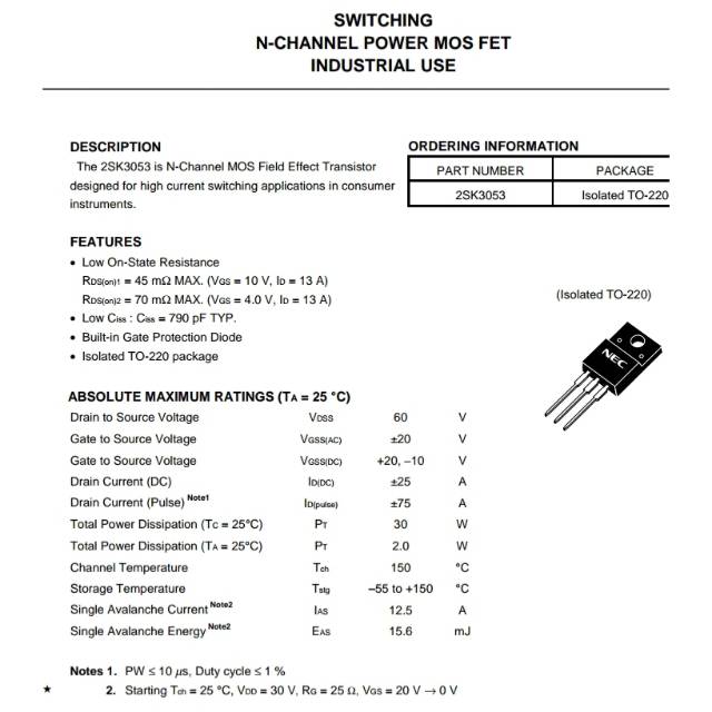 N-channel Power Mosfet K3053 2SK3053 25A 60V 75A max pulse 30W . Fetzoo Transistor DC Switch TO ...