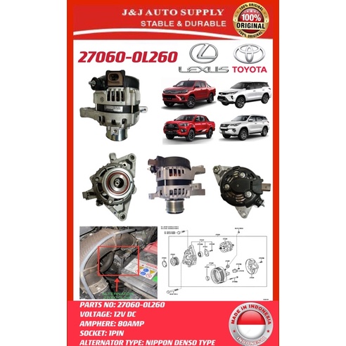 27060-0L260 ORIGINAL ALTERNATOR 80AMP 12V WITH IC REGULATOR LIN (NIPPON ...