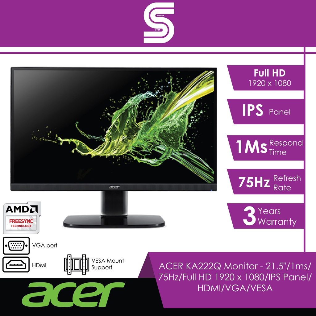 ACER KA222Q Monitor - 21.5"/1ms/75Hz/Full HD 1920 x 1080/IPS Panel/HDMI ...