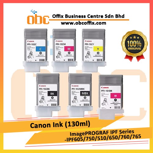 PFI-102/PFI-104 Canon Ink Cartridges (130ml) for imagePROGRAF IPF Series (IPF510/605/650/750/760 ...