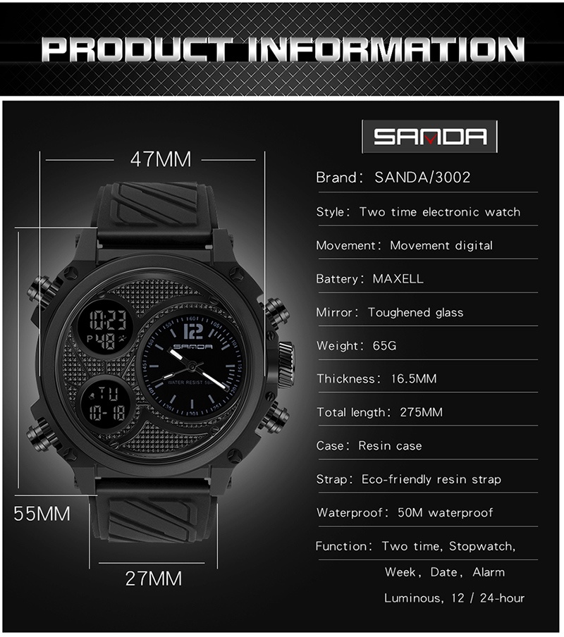 SANDA LED Sport Digital Watches 50m Waterproof Electronic Wristwatch Three Time Display Quartz ...