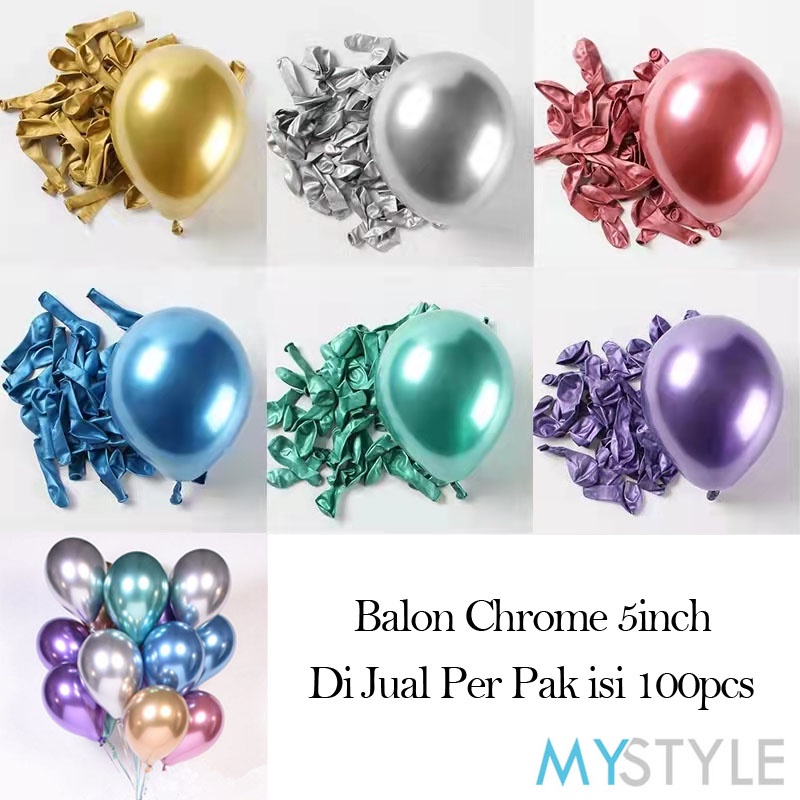 Mystyle 5 INCH METAL CHROME LATEX BALLOONS PACK (1 PACK = 100 PCS) THICK METALLIC BIRTHDAY PARTY ...