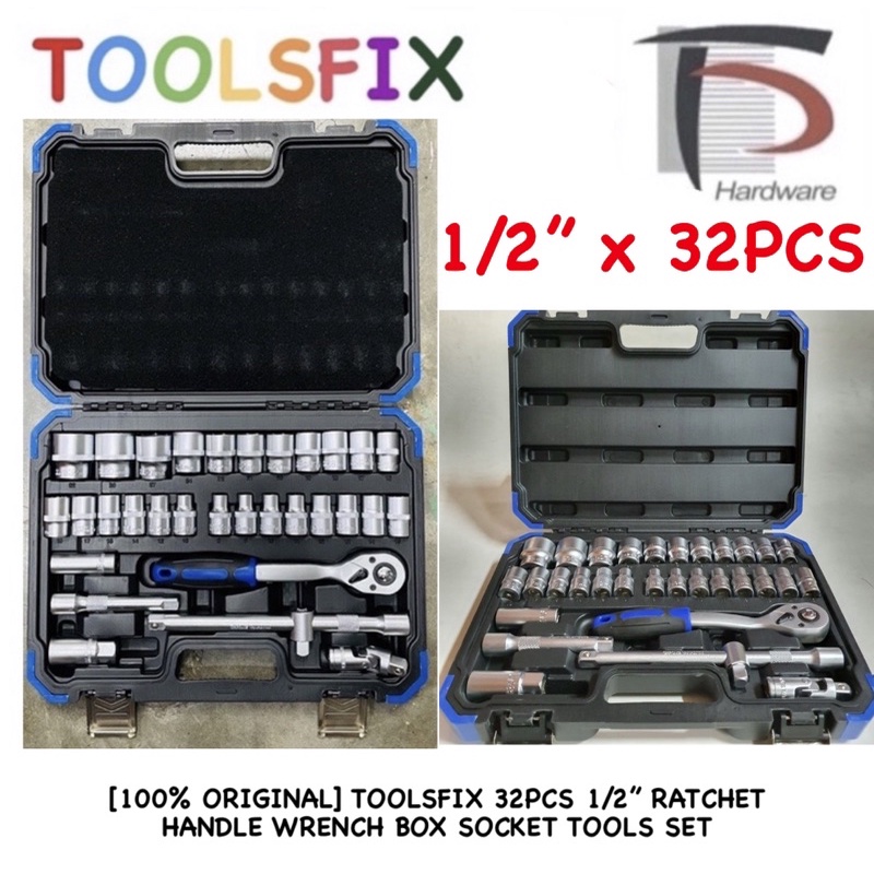 [100% ORIGINAL] TOOLSFIX 32PCS 1/2” RATCHET HANDLE WRENCH BOX SOCKET ...