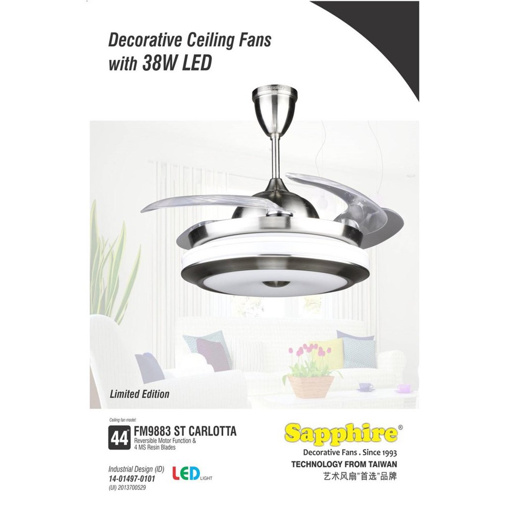 Sapphire Carlotta 44" Retractable Ceiling Fan With 38W LED Light FM9883 ...