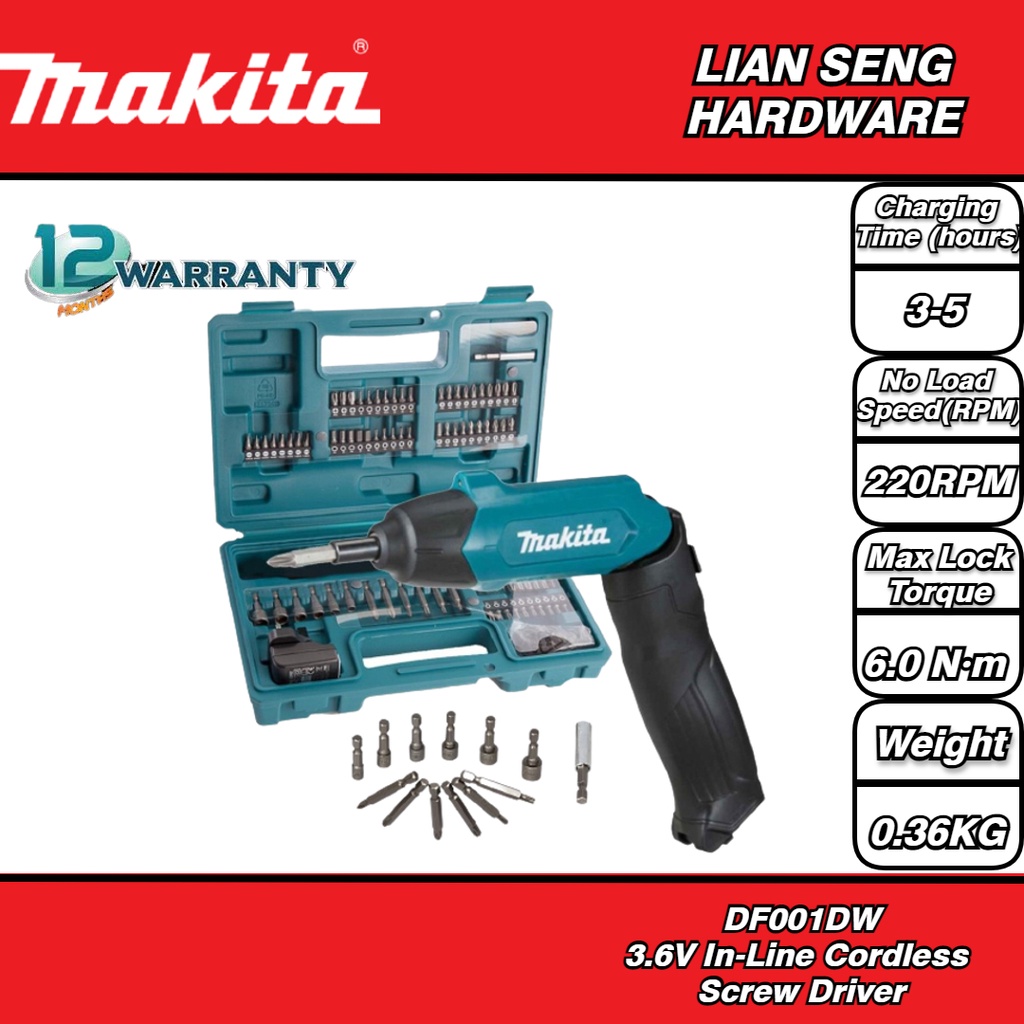 DF001DW MAKITA 3.6V CORDLESS IN-LINE SCREWDRIVER (COMPLETE SET) / DF001 WITH 81 PCS BITS ...