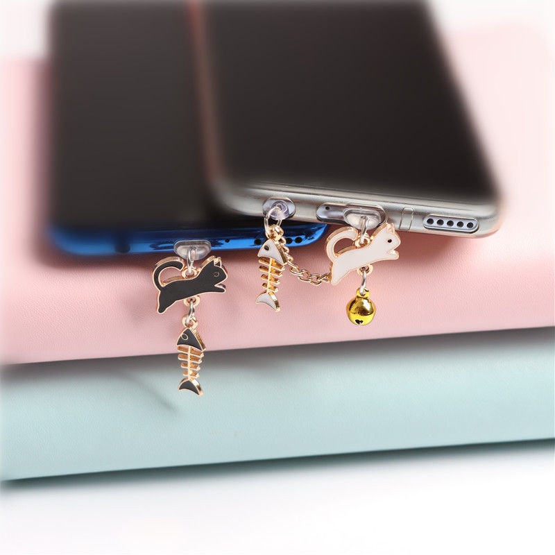 Korean fashion cute fish bone cat bell mobile phone dust plug iPhone ...