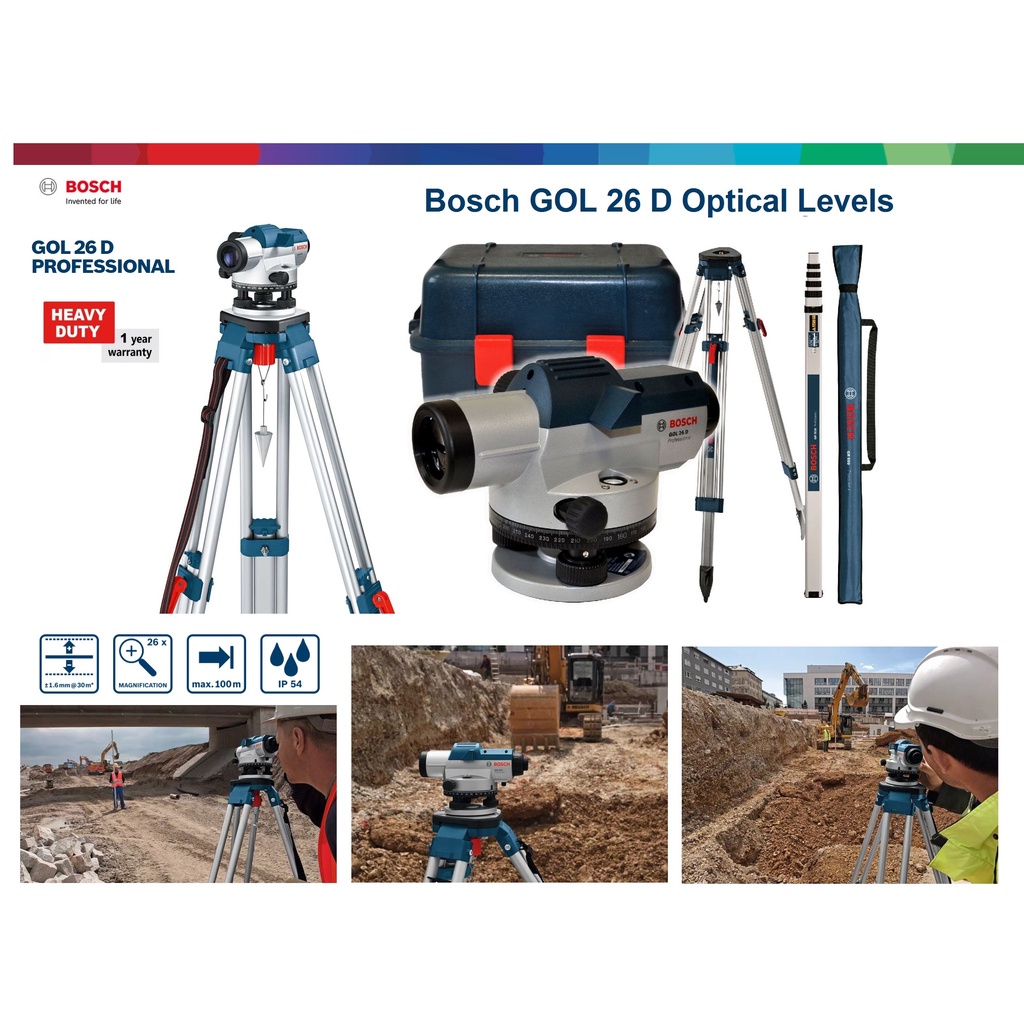 Bosch GOL 26D 100m Optical Levels with BT 160 Tripod & GR 500 Measuring ...