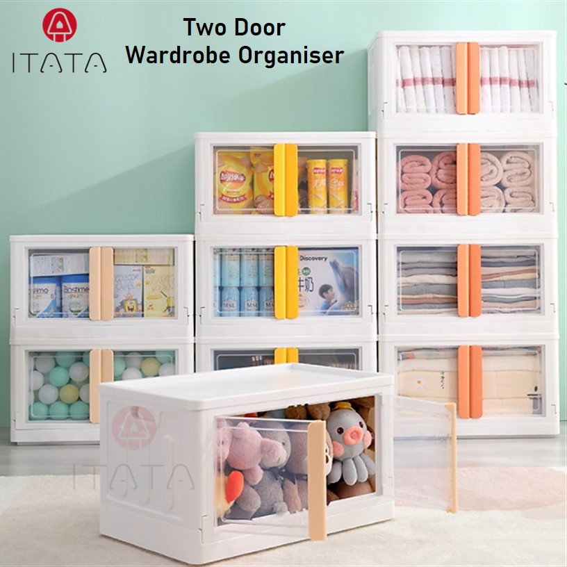 32L/ 72L Two Open Door Wardrobe Organiser Cabinet Foldable Stackable Storage Drawer Rack Box ...