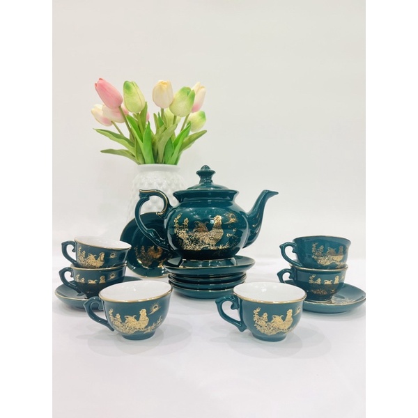 Emerald green enamel teapot made of high-quality Bat Trang ceramics ...