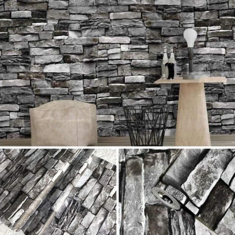 HITAM Wallpaper Wall Stone Wall Sticker Wall Bricks Gray Black | Shopee ...