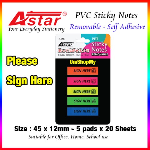 Sticky Note Astar - Sign Here PET - 50 x 20mm - 5 colour - Index Memo ...