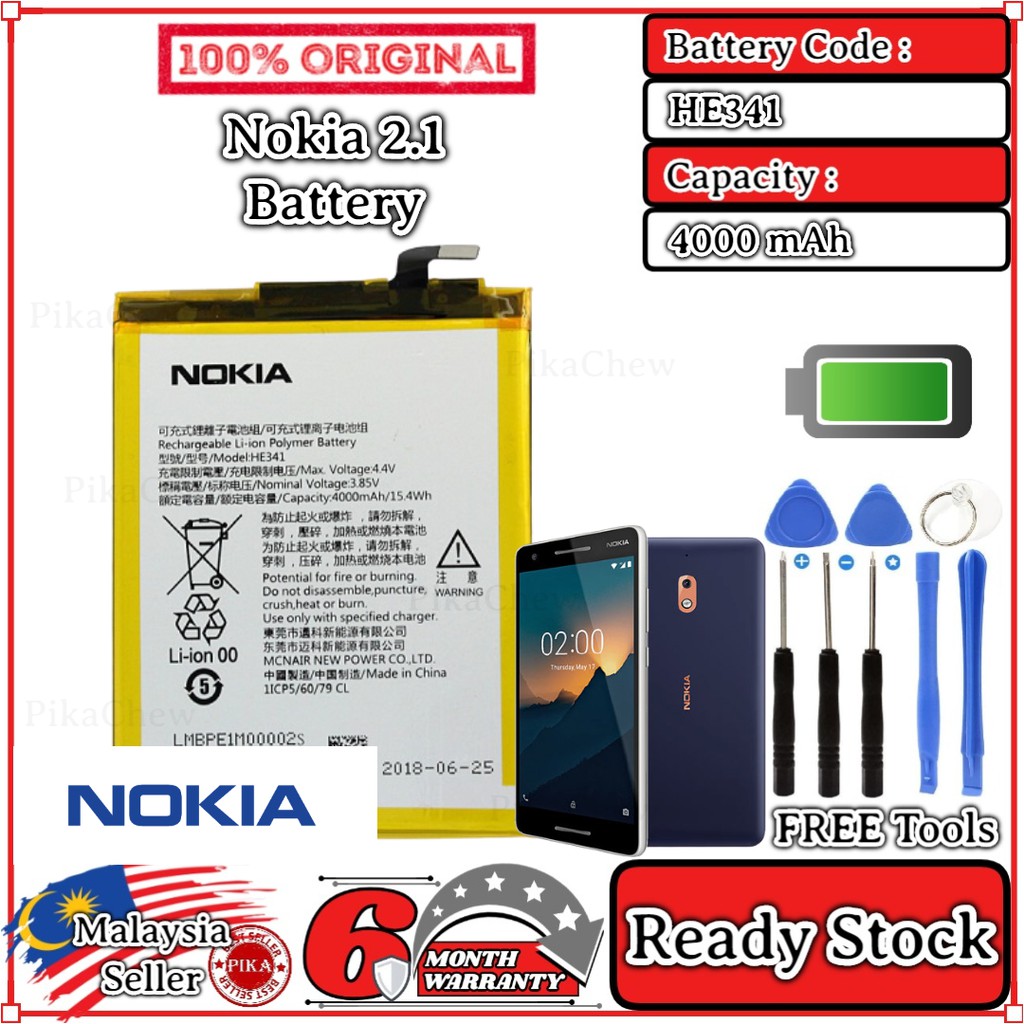 100% Original Nokia 2.1 Battery Bateri HE341 ( 4000mAh ) with Free ...